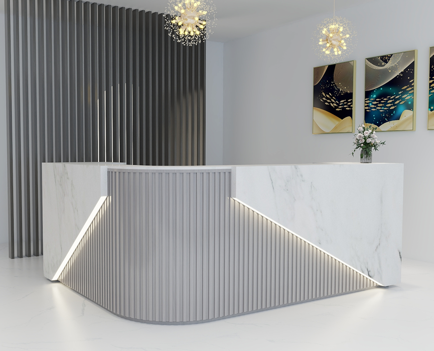 Jonu L-shaped Large Custom Corian Stone Reception Desk — M2 Retail