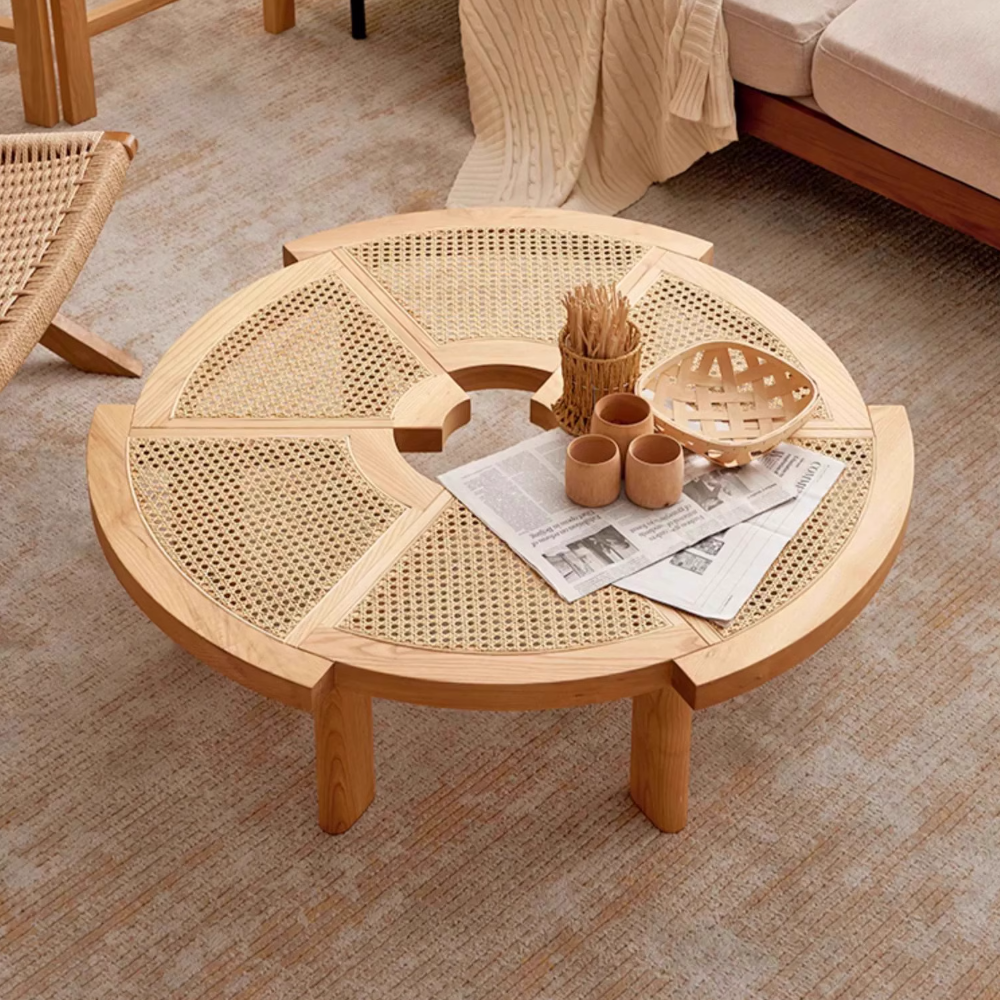 Solid Wood & Rattan Round Gear-Shaped Coffee Table – Luxury Creative S ...