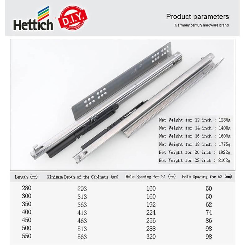 Hettich hidden full pull damping buffer bottom rail drawer rail slide ...